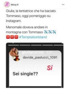 Temptation Island: la tentatrice Giulia svela cosa è successo con Tommaso