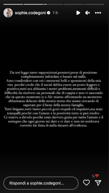 Sophie Codegoni confessa: "Momento delicato tra me e Ale"